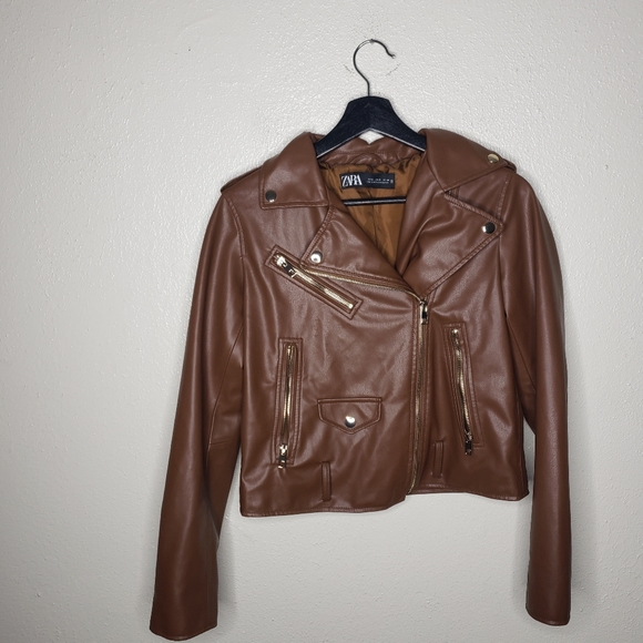 Zara | Jackets & Coats | Zara Faux Leather Brown Motorcycle Jacket ...